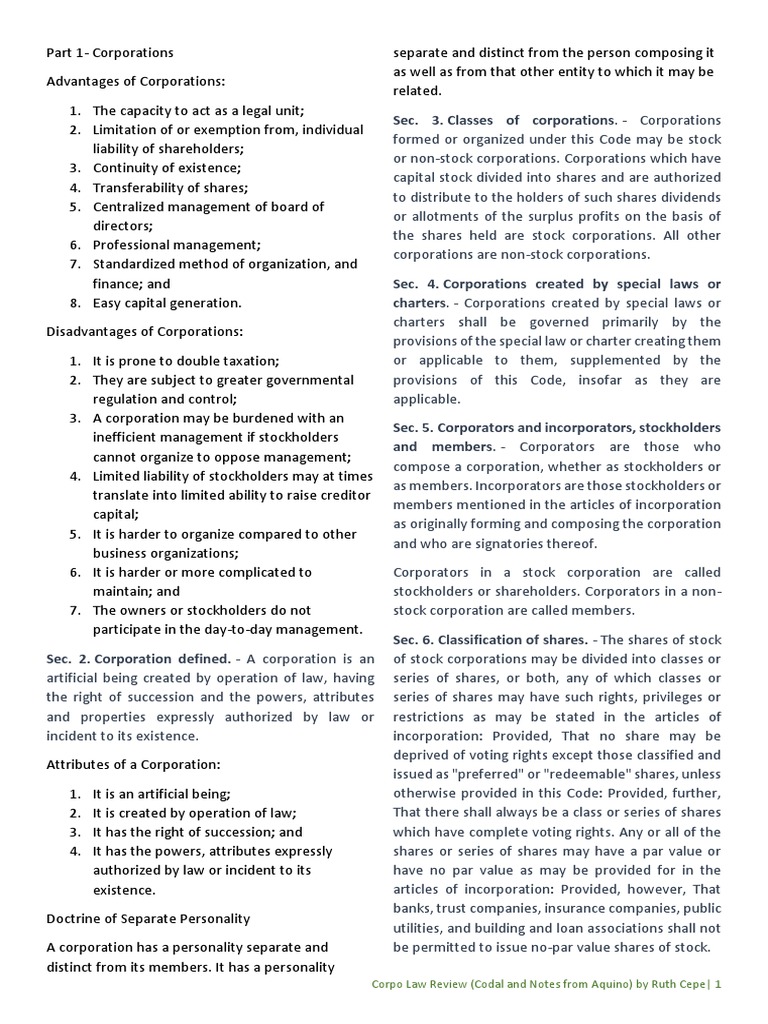 Corpo Law Review (Codal and Notes From Aquino) by Ruth Cepe - 1 | PDF ...