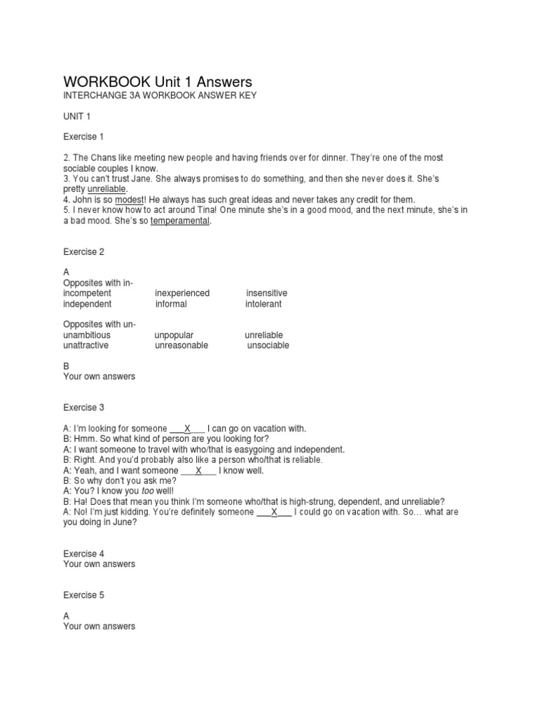 Workbook Unit 1 Answers | PDF