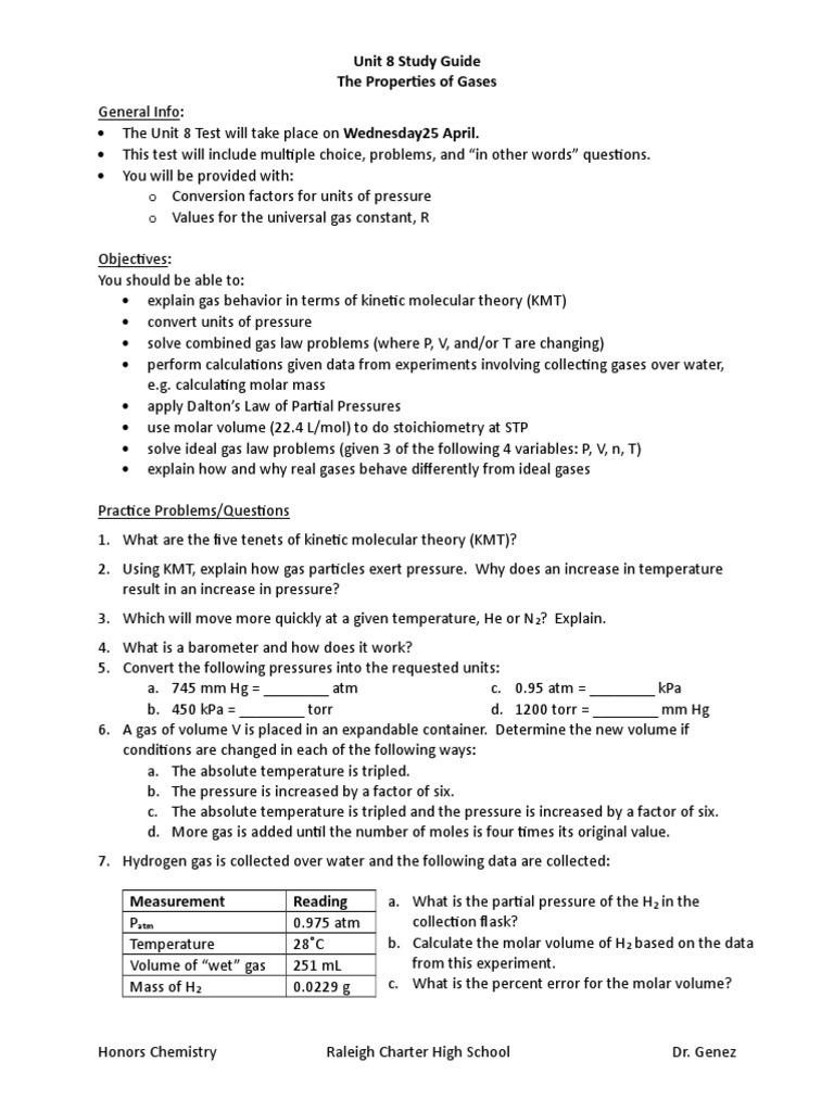 Unit 8 Test Review Study Guide Hon-18 | PDF | Gases | Pressure