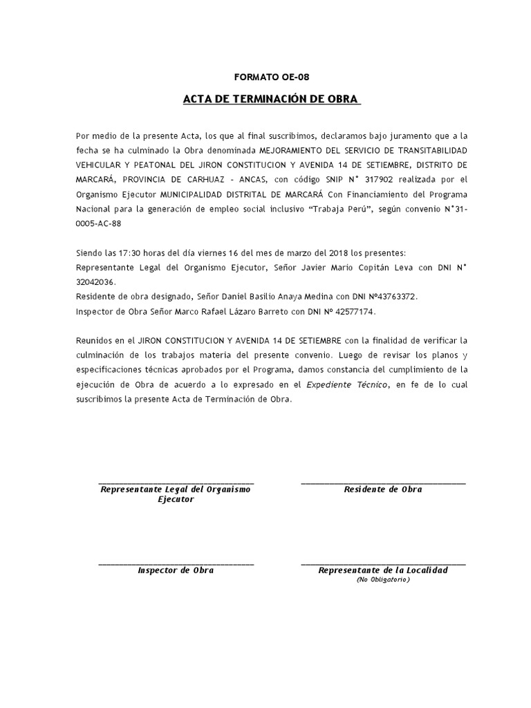 Acta de Terminacion de Obra | PDF