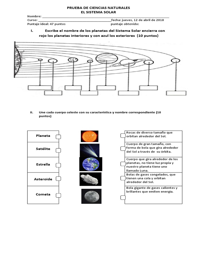 Prueba del Sistema Solar para Primaria | PDF | Planetas | Sistema solar