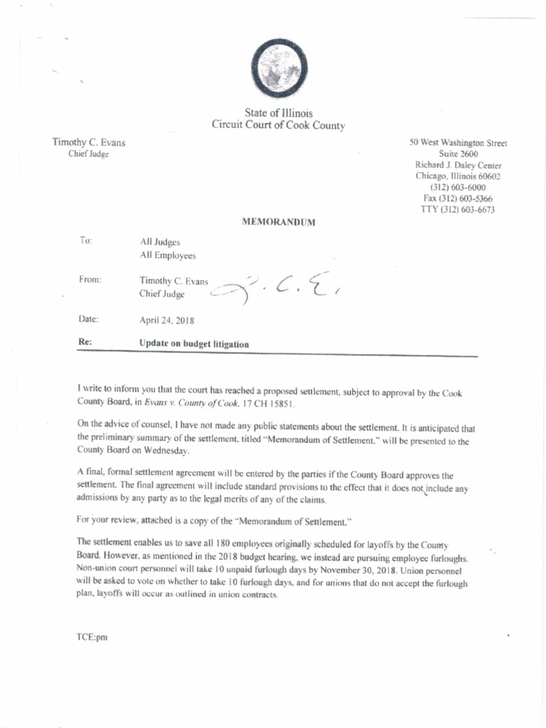 Chief Judge Timothy Evans Settlement Letter | PDF