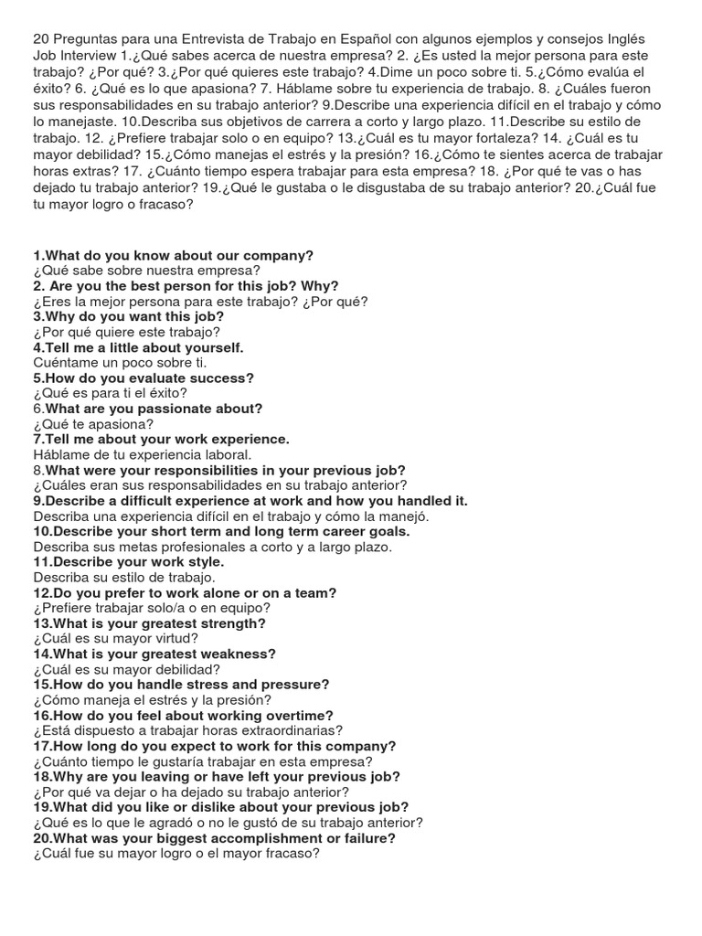 20 Preguntas para Una Entrevista de Trabajo en Español Con Algunos ...