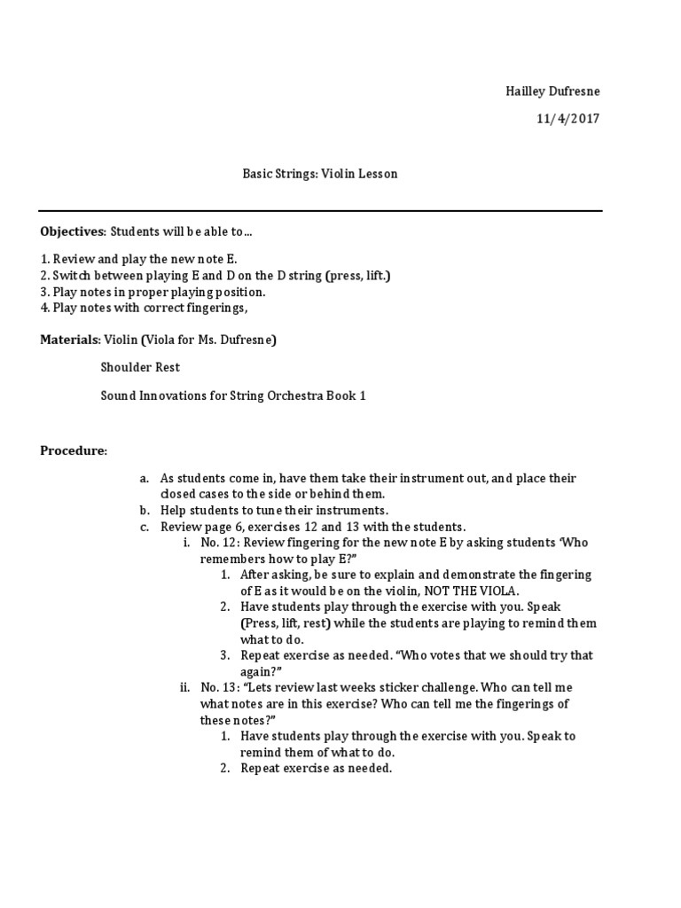 Violin Lesson Plan | PDF | Violin | String Instruments