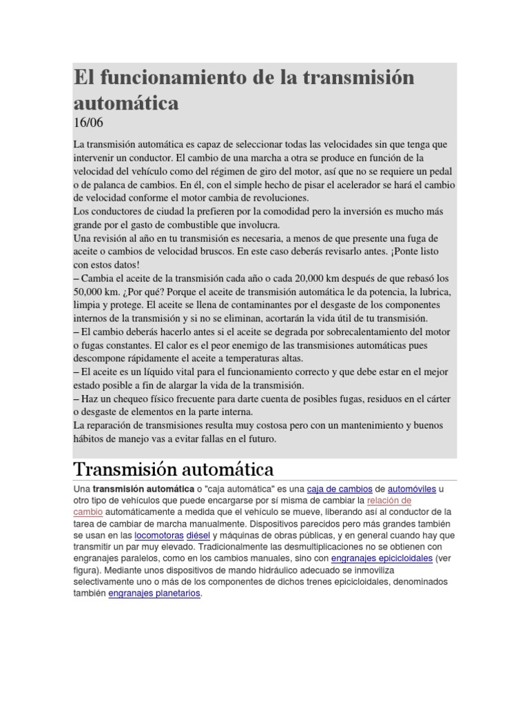 Funcionamiento de la Transmisión Automática | PDF | Transmisión ...
