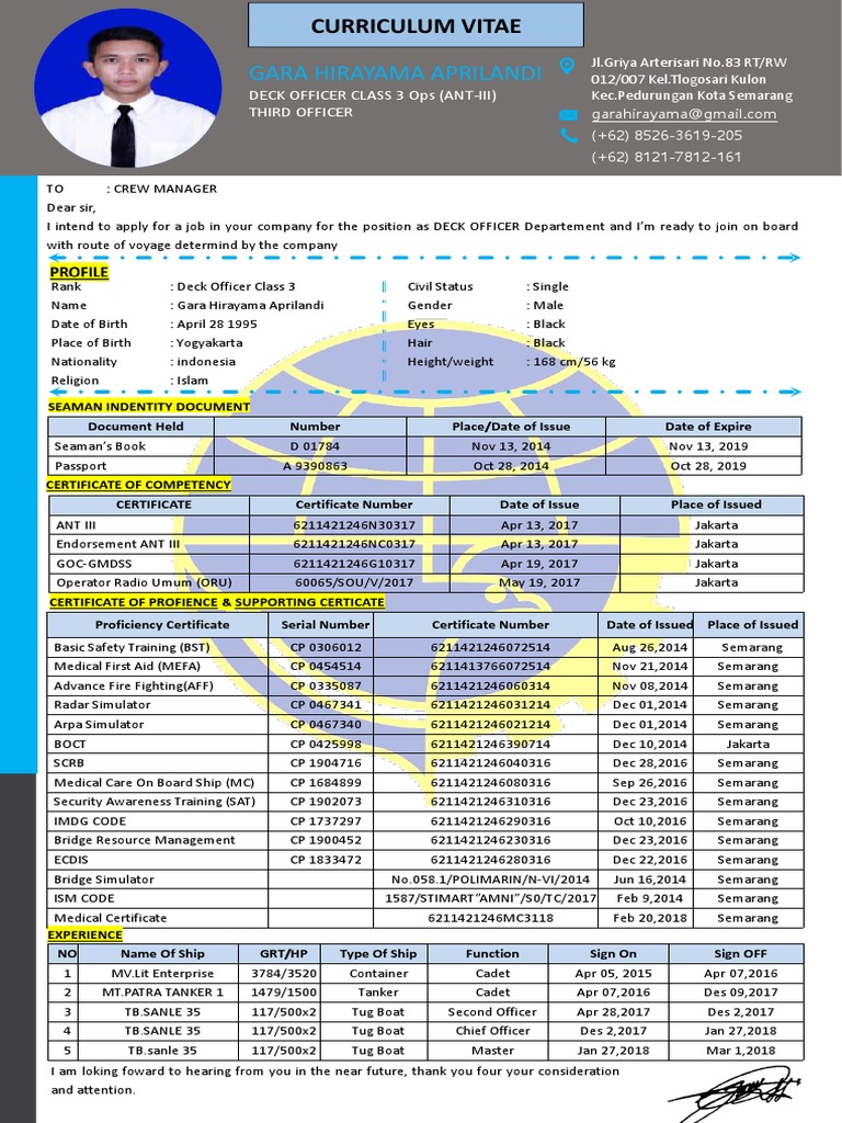 CV Deck Officer with ANT III & experience seeks new opportunity | PDF ...