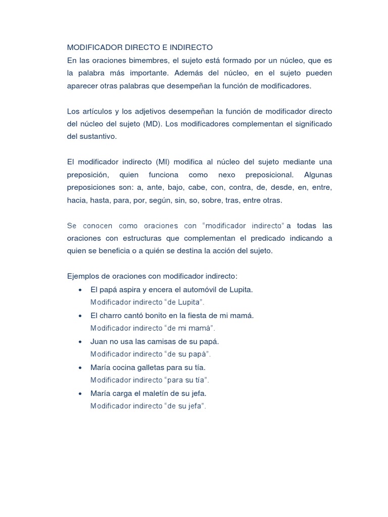 Tipos de modificadores en las oraciones bimembres y sus funciones | PDF