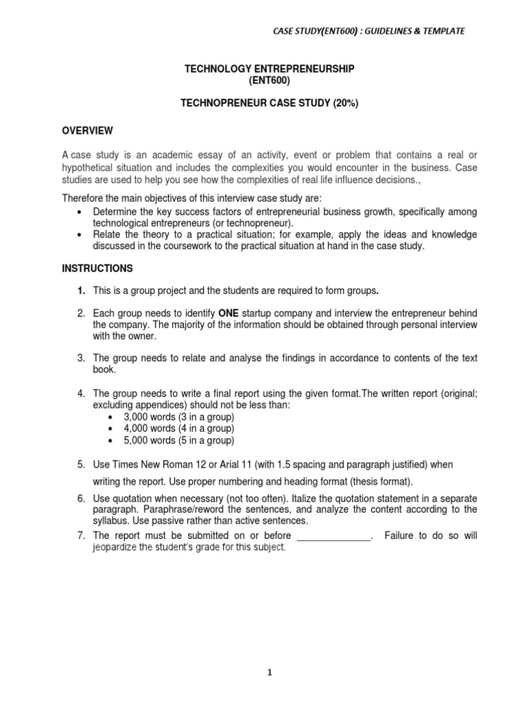 ENT600 - Case Study Technopreneur Guidelines MIH | PDF | Entrepreneurship | Strategic Management