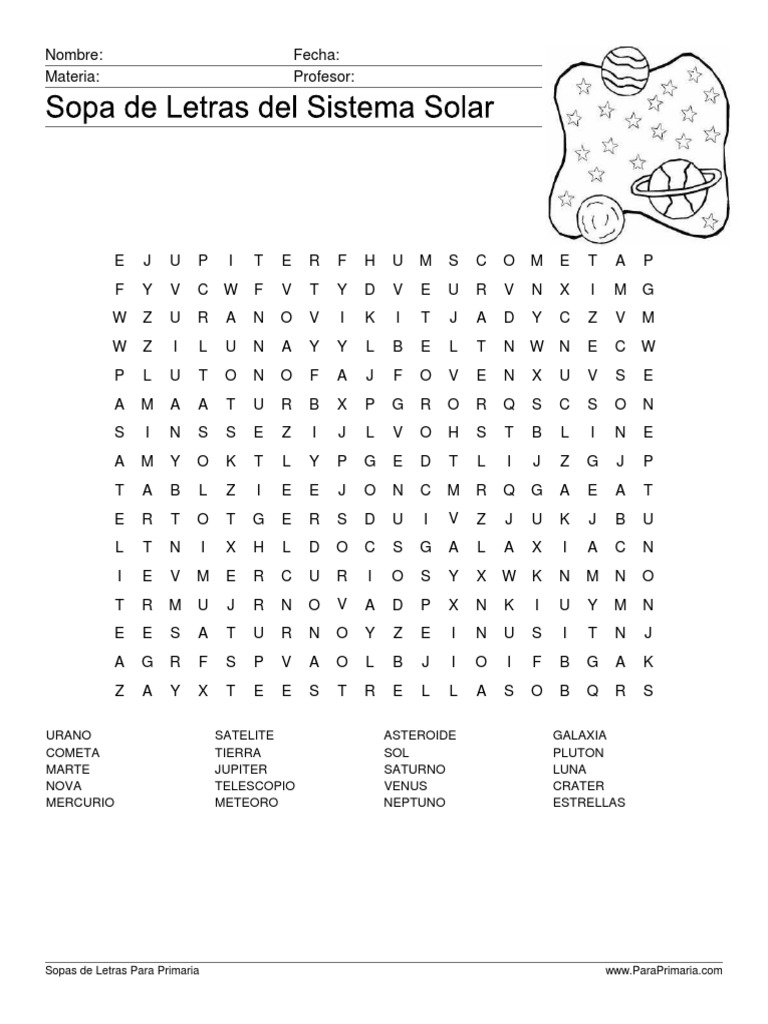 Sopa de Letras Sistema Solar PDF | PDF | Sistema solar | Naturaleza