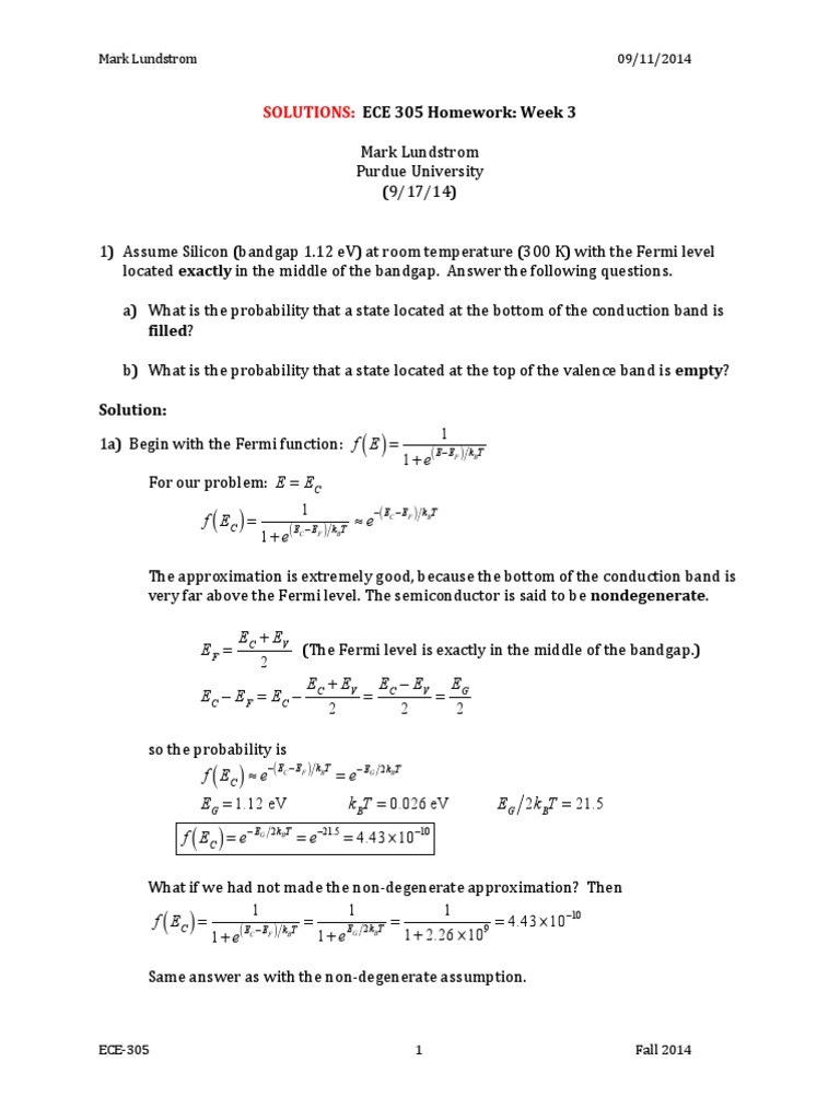 ECE 305 Homework: Week 3: Solutions | PDF | Doping (Semiconductor) | Electronvolt