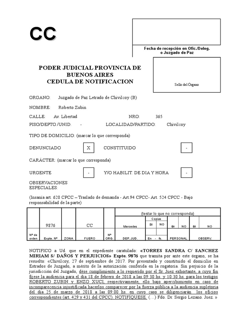 Poder Judicial Provincia De Buenos Aires Cedula De Notificacion ...
