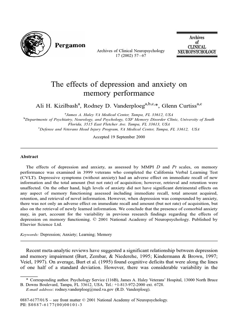 The Effects of Depression and Anxiety On Memory Performance: Ali H ...
