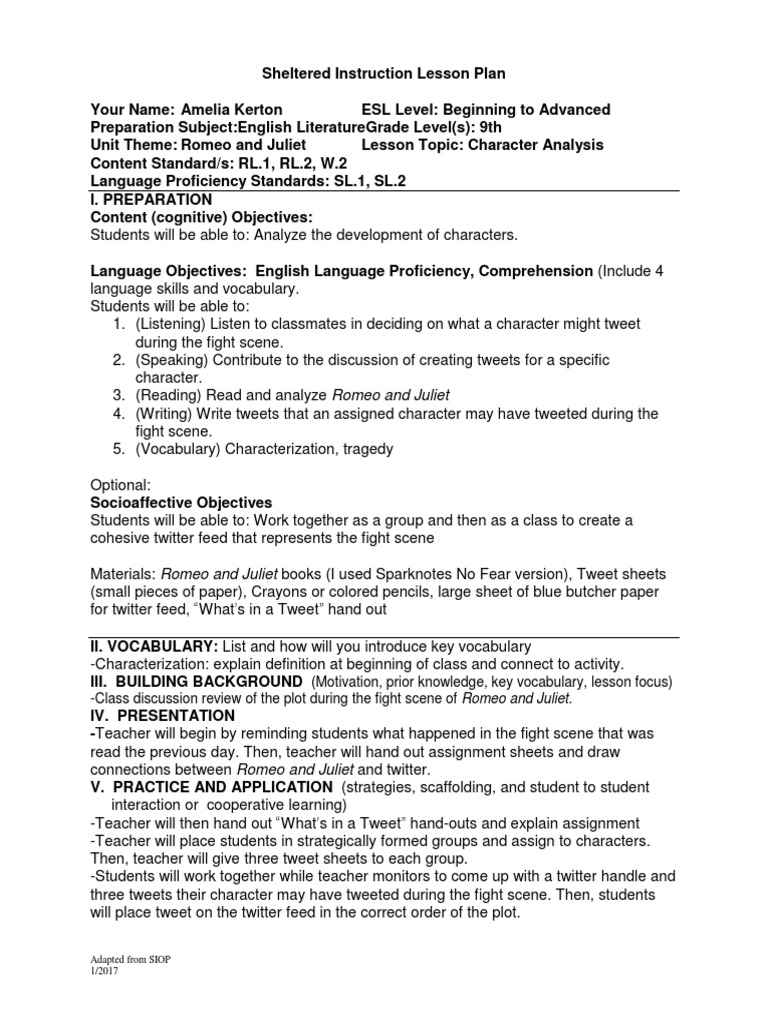 Romeo and Juliet Twitter Siop Lesson Plan | Download Free PDF ...