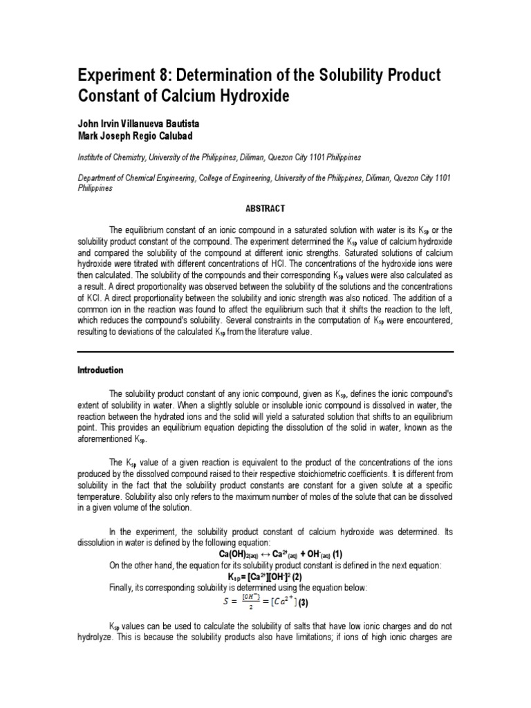 Experiment 8: Determination of The Solubility Product Constant of Calcium Hydroxide | PDF ...