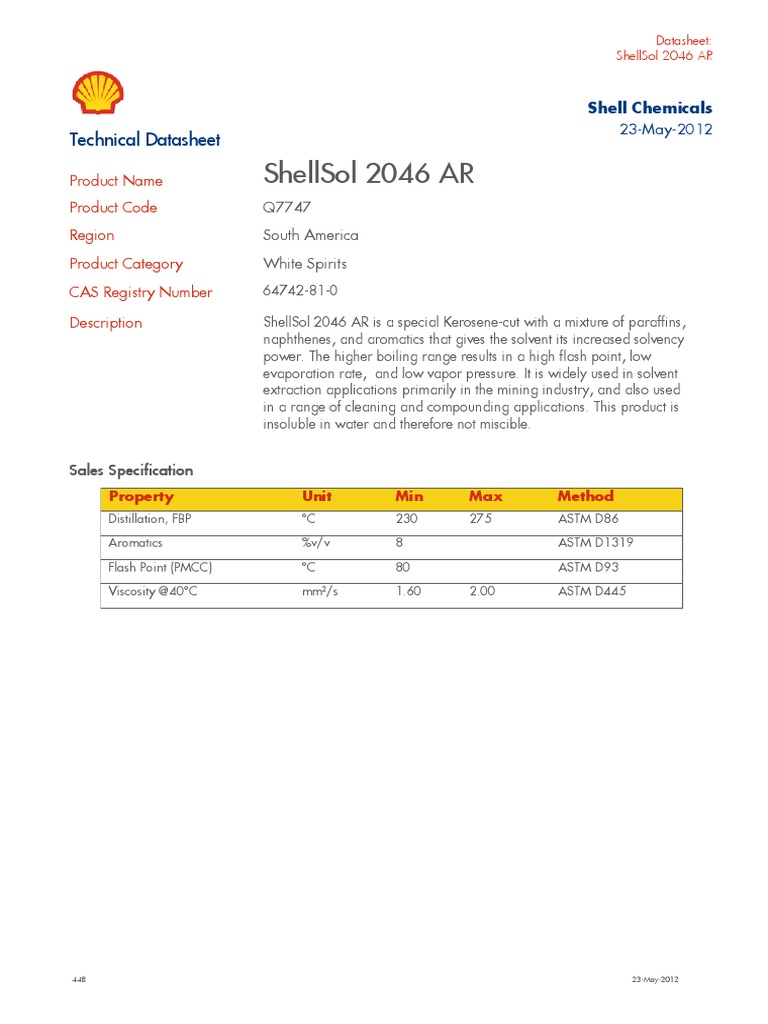 Shellsol 2046 Ar: Technical Datasheet | PDF | Distillation | Solvent