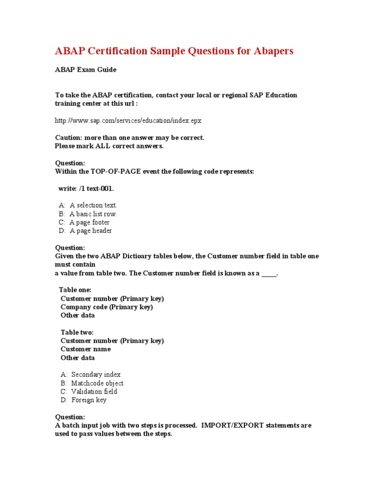Vh Abap Certification Sample Questions For Abapers Pdf C Programming Language Database Index