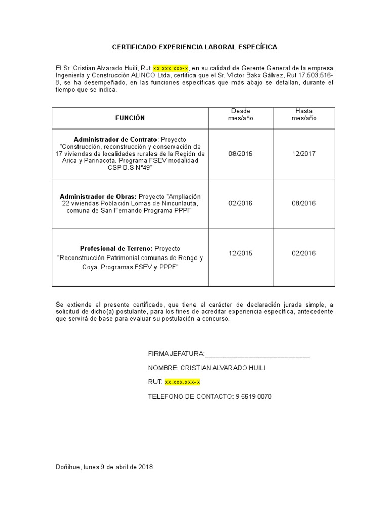 Certificado Experiencia Laboral Específica