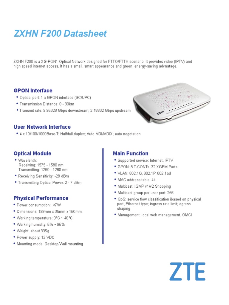 ZXHN F200 Datasheet: GPON Interface | PDF | Computers