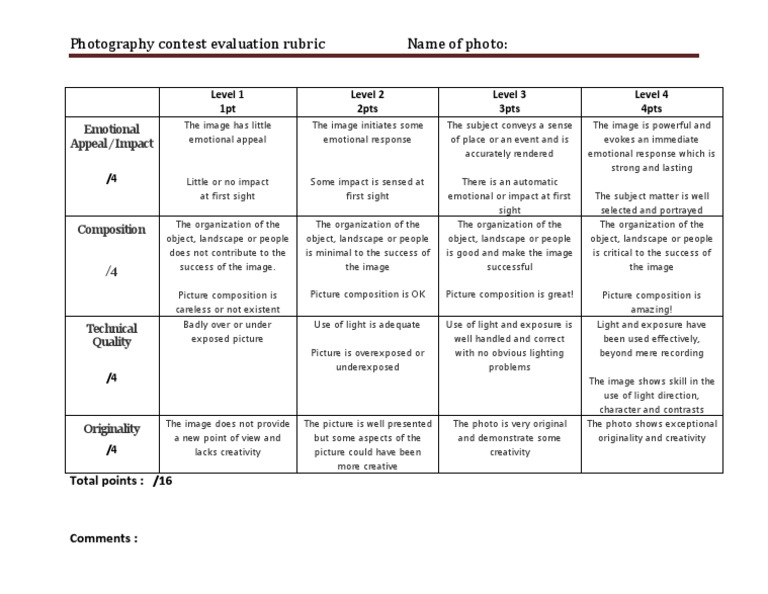 Photography Contest Evaluation Rubric Name of Photo | PDF | Exposure ...