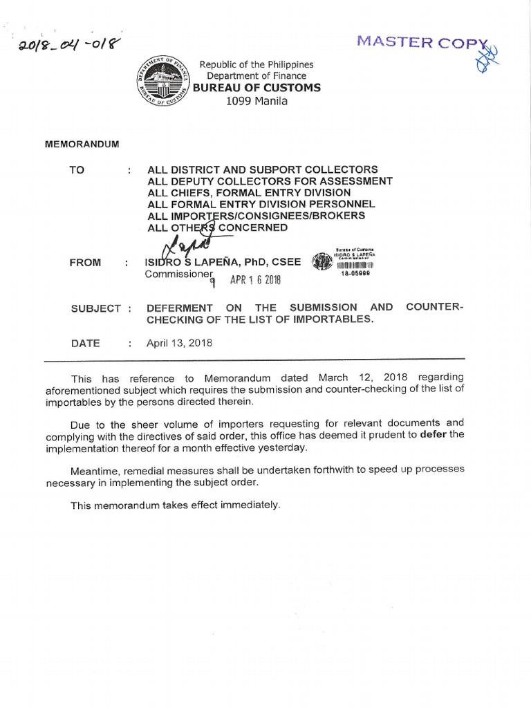 BOC Memo-2018-04-018 -- Deferment on the Submission and Counter ...