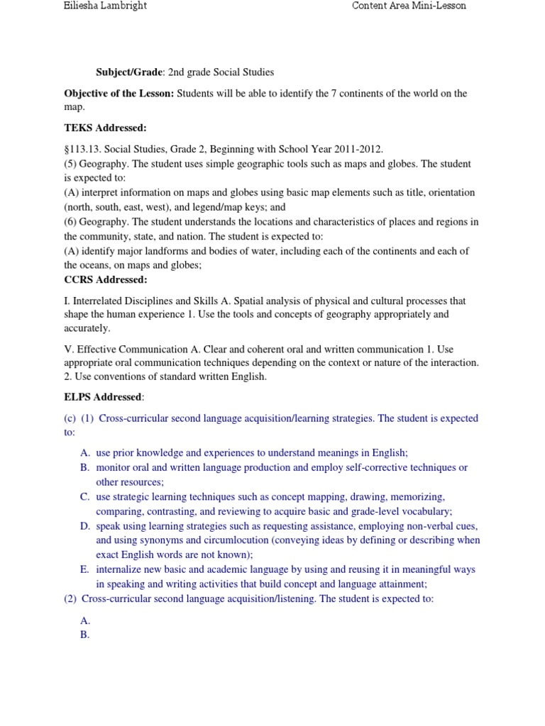 Subject/Grade: 2nd Grade Social Studies Objective of The Lesson ...