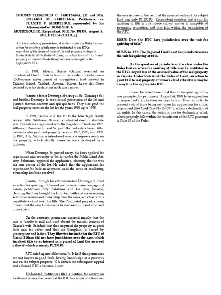 Sabitsana vs. Muertegui: Jurisdiction Ruling | PDF | Deed | Lawsuit