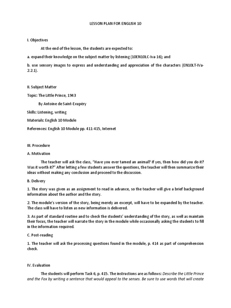 English 10: The Little Prince Lesson Plan | PDF | Language Arts ...