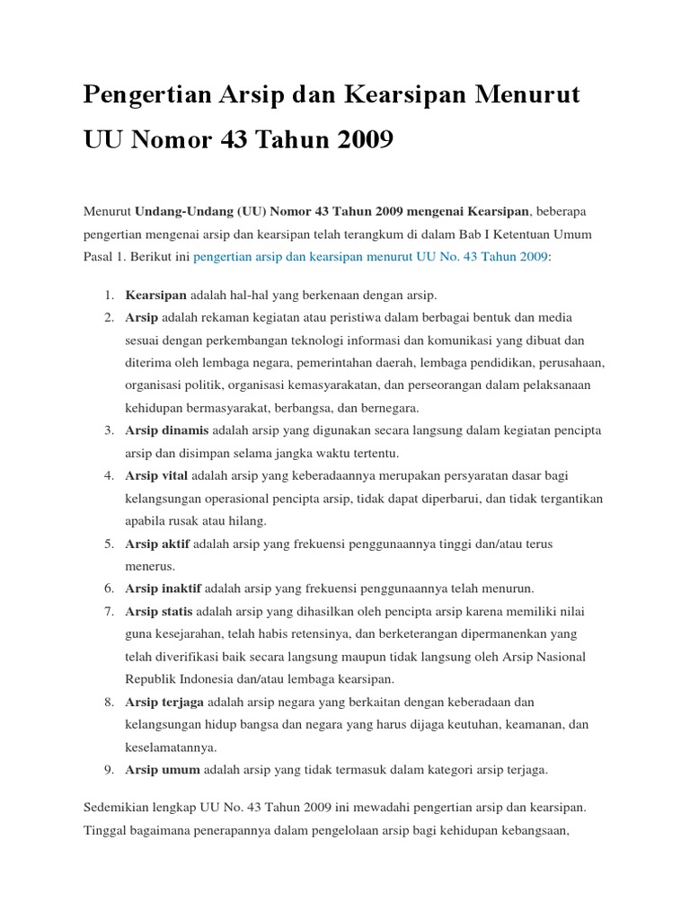 Pengertian Arsip Dan Kearsipan Menurut UU Nomor 43 Tahun 2009 | PDF