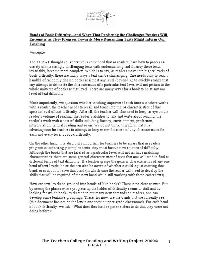 Bands of Book Difficulty - TC Handout | PDF | Reading (Process) | Fluency