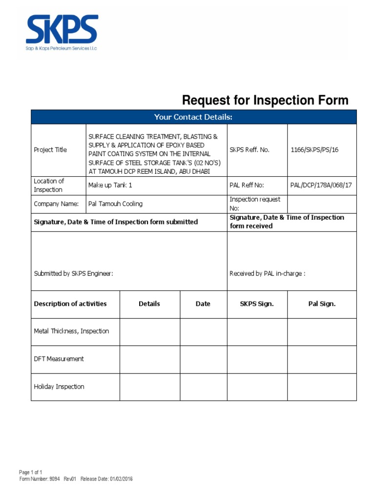 Request For Inspection Form: Your Contact Details | PDF