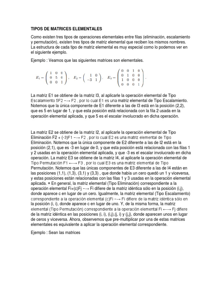 Tipos de Matrices Elementales 1 | PDF | Matriz (Matemáticas) | Física ...