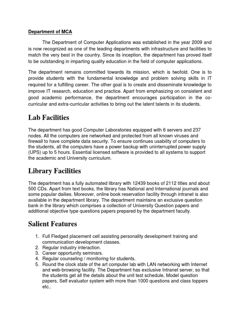 Lab Facilities: Department of MCA | PDF | Libraries | Internet