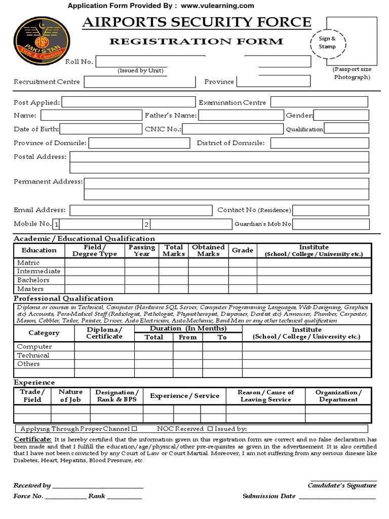 Airports Security Force: Registration Form | PDF