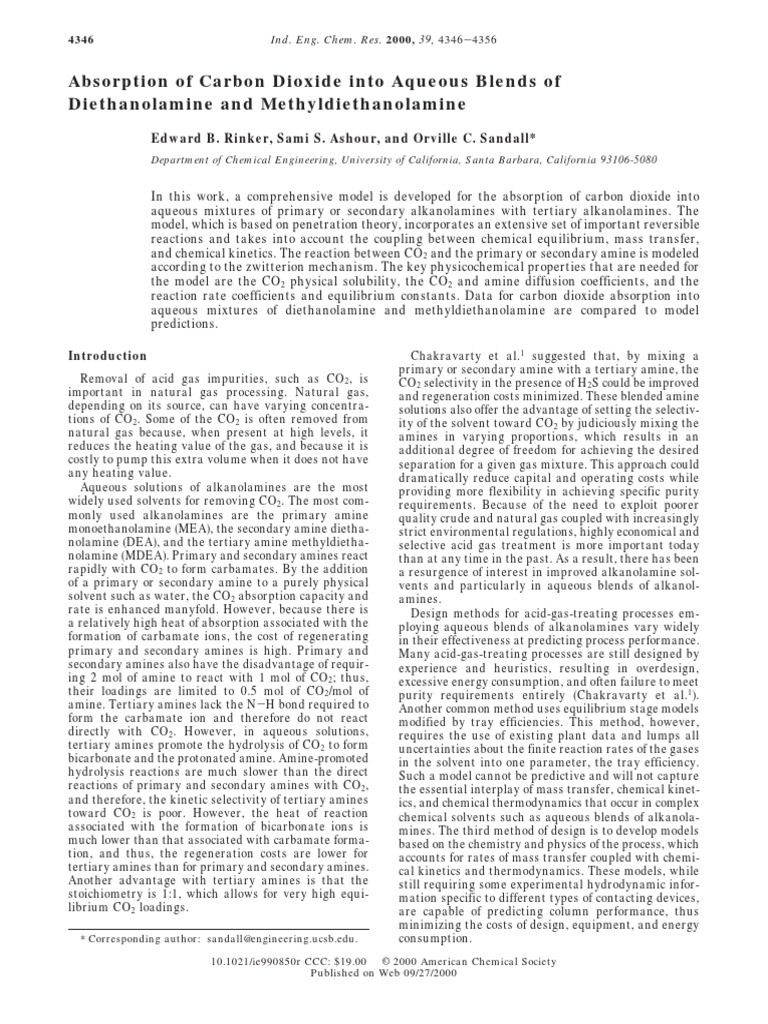 Absorption of Carbon Dioxide Into Aqueous Blends of Diethanolamine and Methyldiethanolamine ...