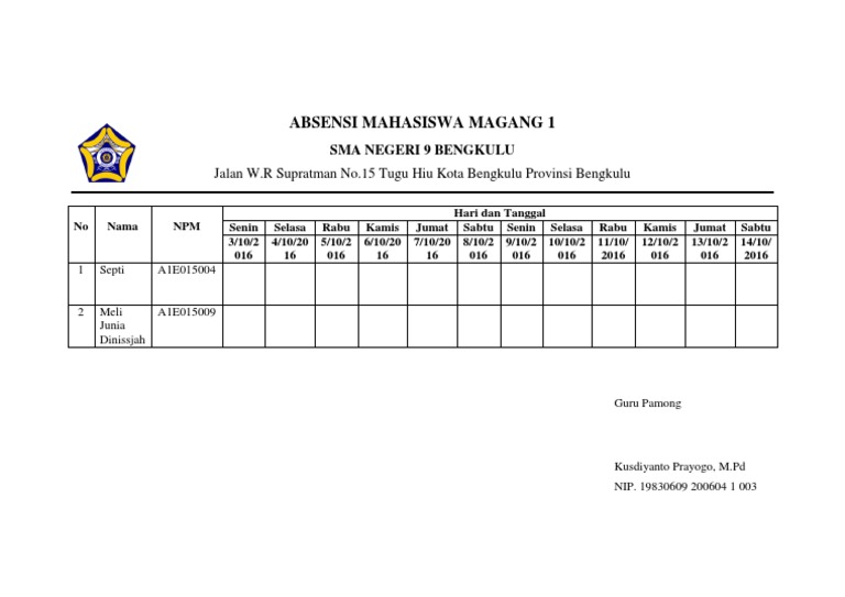 Absensi Mahasiswa Magang 1 Kelompok 2 | PDF