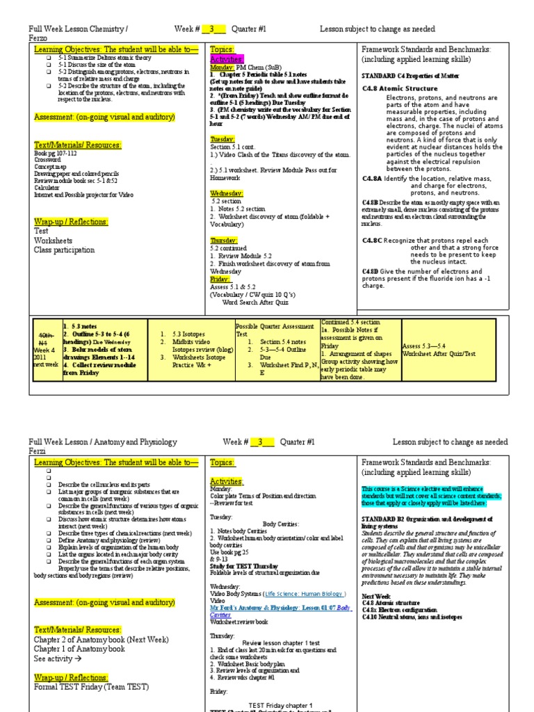 Week 3 Chem and Anatom Lesson Plan 2010-11 | PDF | Atoms | Proton