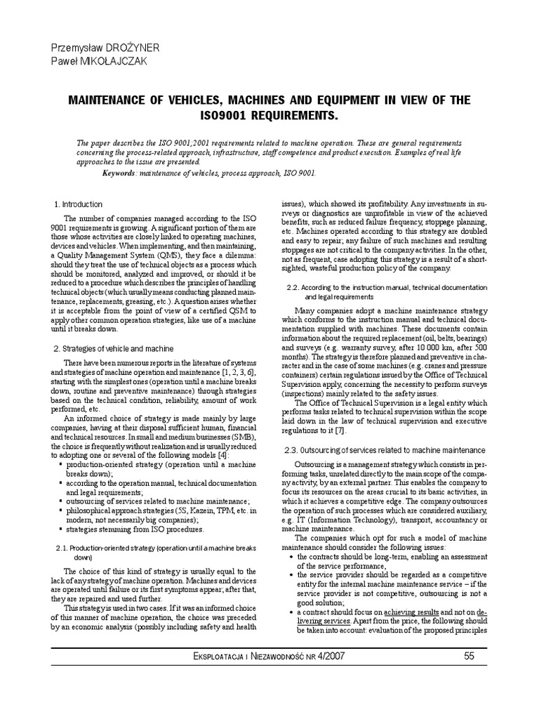 Maintenance of Vehicles, Machines and Equipment in View of The Iso9001 ...