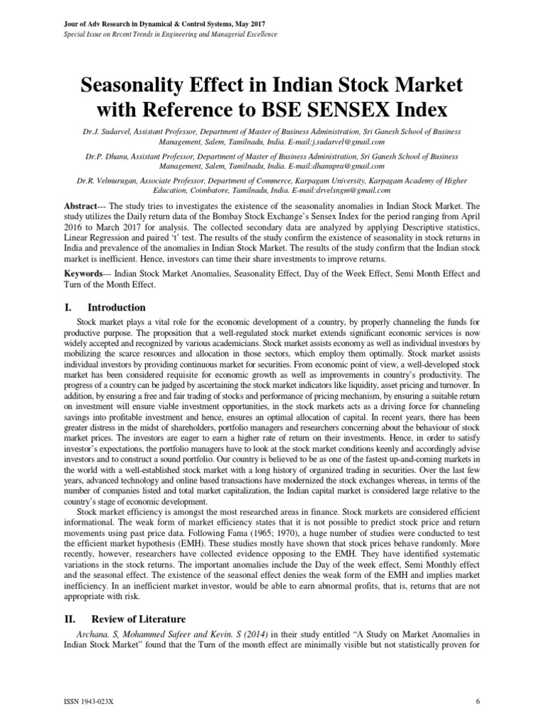Seasonality Effect in Indian Stock Market With Reference To BSE SENSEX Index | PDF | Efficient ...