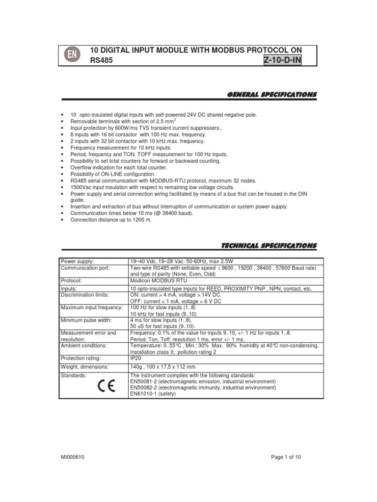 DI Module With RS485 | Download Free PDF | Random Access Memory | Frequency