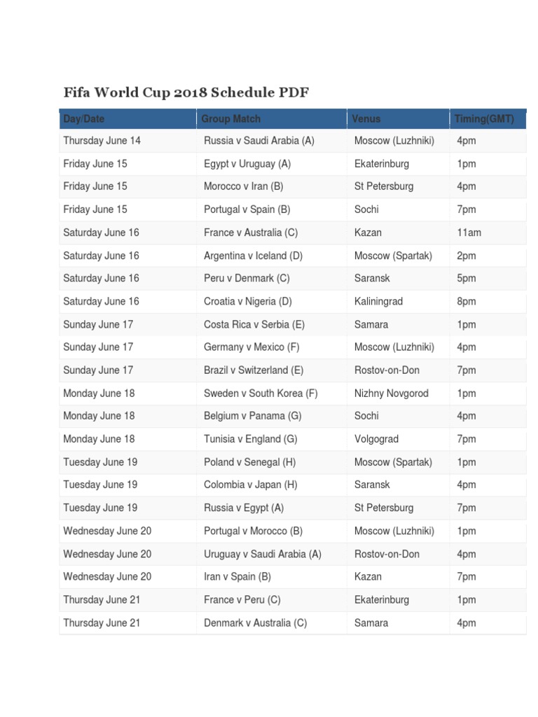 FIFA World Cup 2018 Match Schedule | PDF | Association Football ...