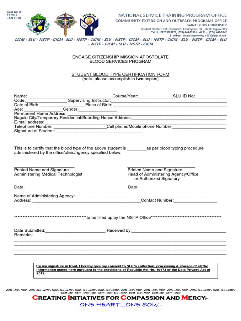 SLU NSTP Blood Type Certification Form | PDF | Privacy | Government ...