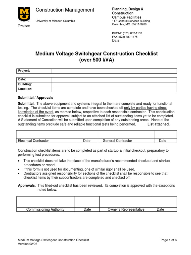 Medium Voltage Switchgear Construction Checklist (Over 500 kVA) | PDF ...