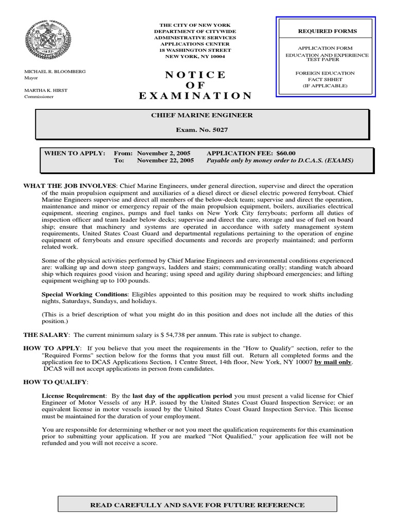 Notice OF Examination: Chief Marine Engineer Exam. No. 5027 | PDF ...