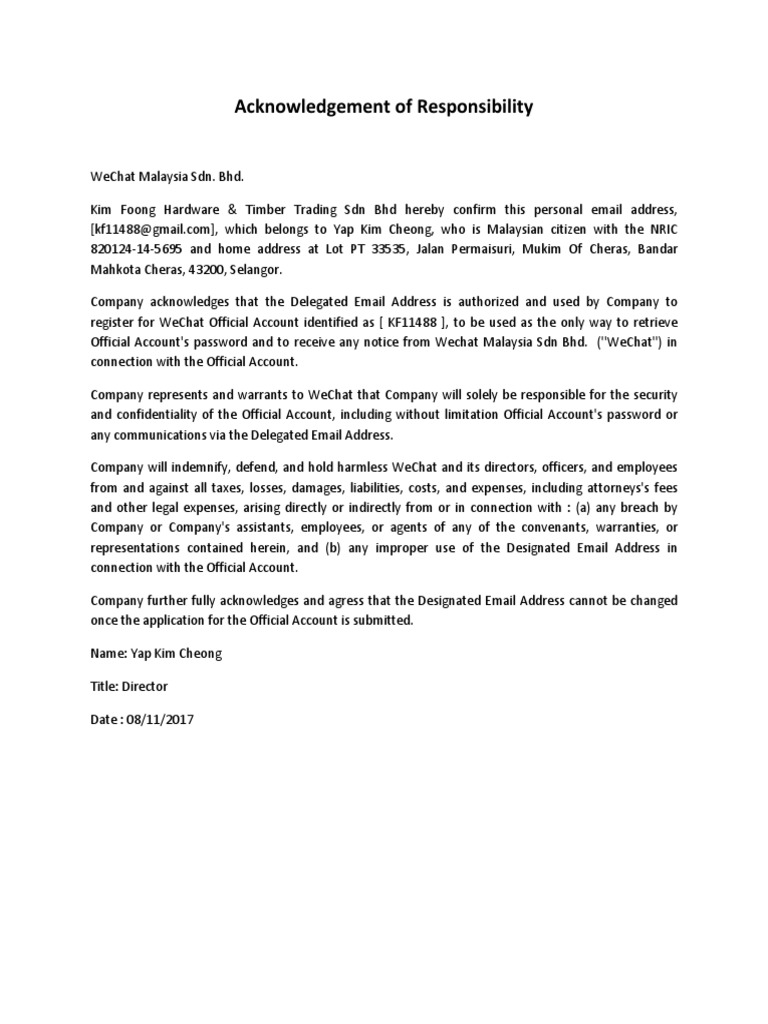 Acknowledgement of Responsibility | PDF | Business | Finance & Money ...
