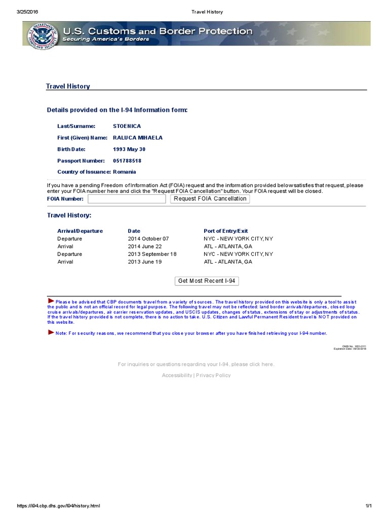 Travel History: Details Provided On The I 94 Information Form | PDF ...