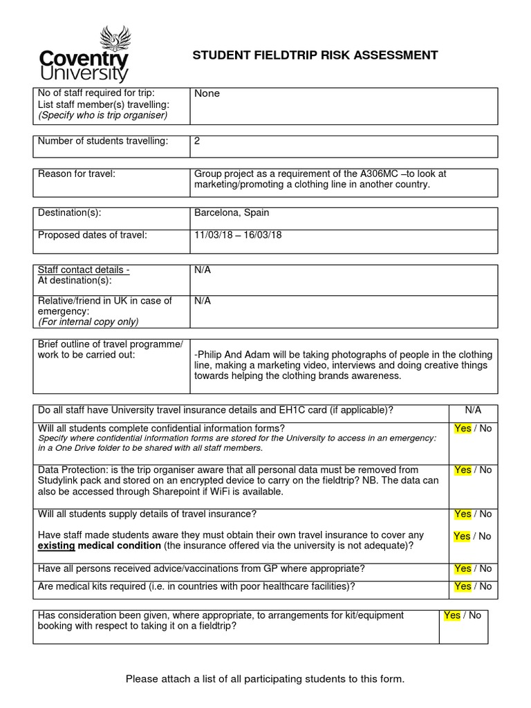 Fieldtrip Risk Assessment Barcelona 1 | PDF | Catalonia | Risk