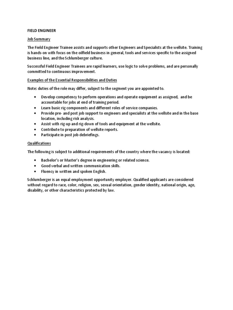 Field Engineer Trainee | PDF | Engineer | Behavior Modification