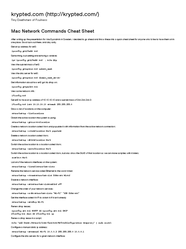 Mac Network Commands Cheat Sheet | PDF | Computer Network | Ip Address