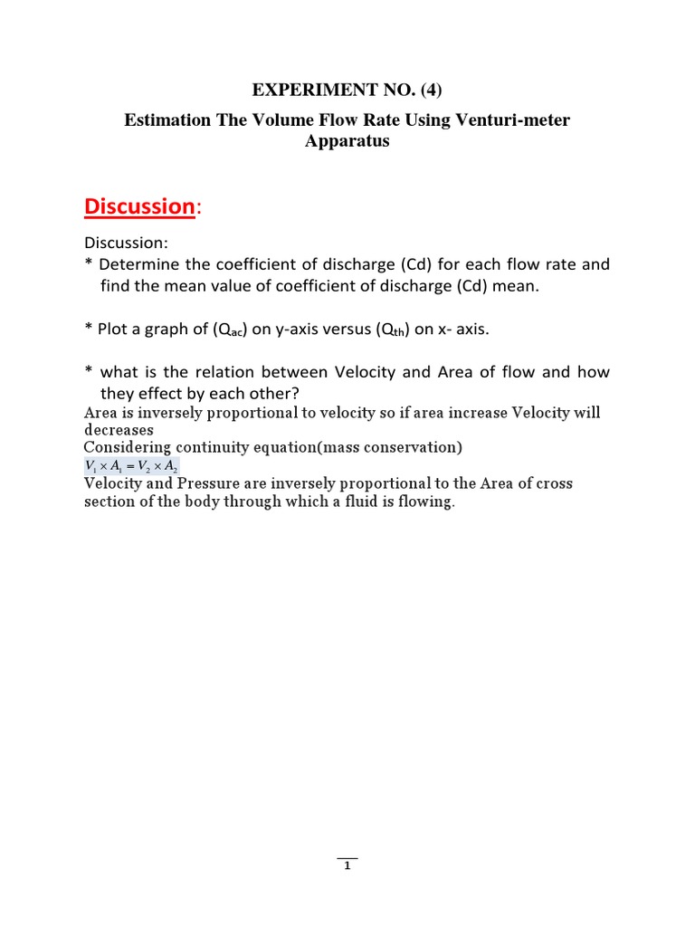 Discussion:: Experiment No. (4) Estimation The Volume Flow Rate Using ...