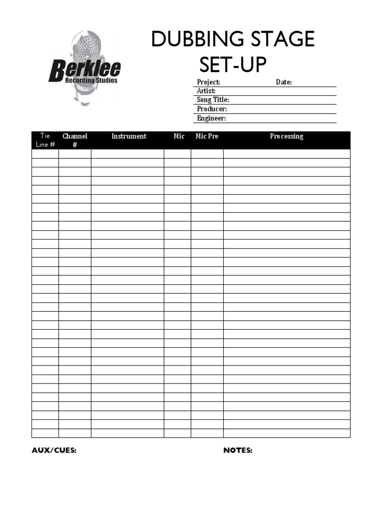 Dubbing Stage Setup Sheet | PDF | Audio Engineering | Sound Technology